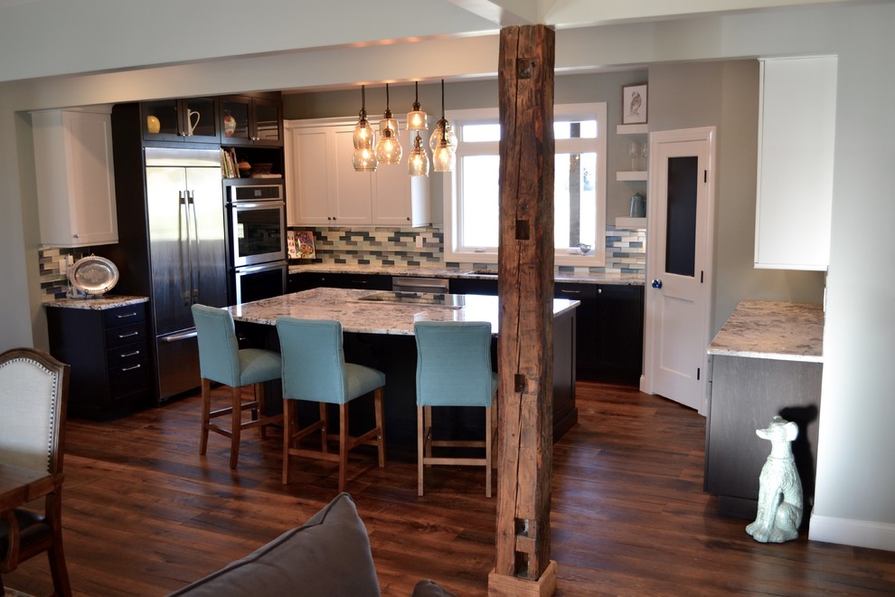 Modern Kitchen with White Granite Countertops and Rustic Column ...