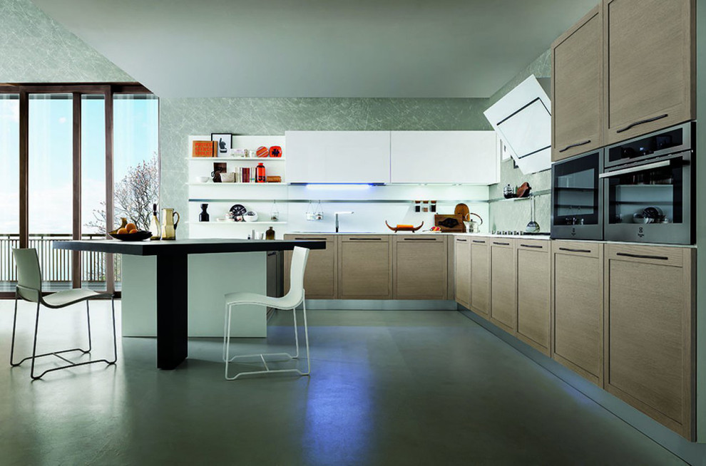 Modern light colored kitchen with tilted island top - Modern - Kitchen ...