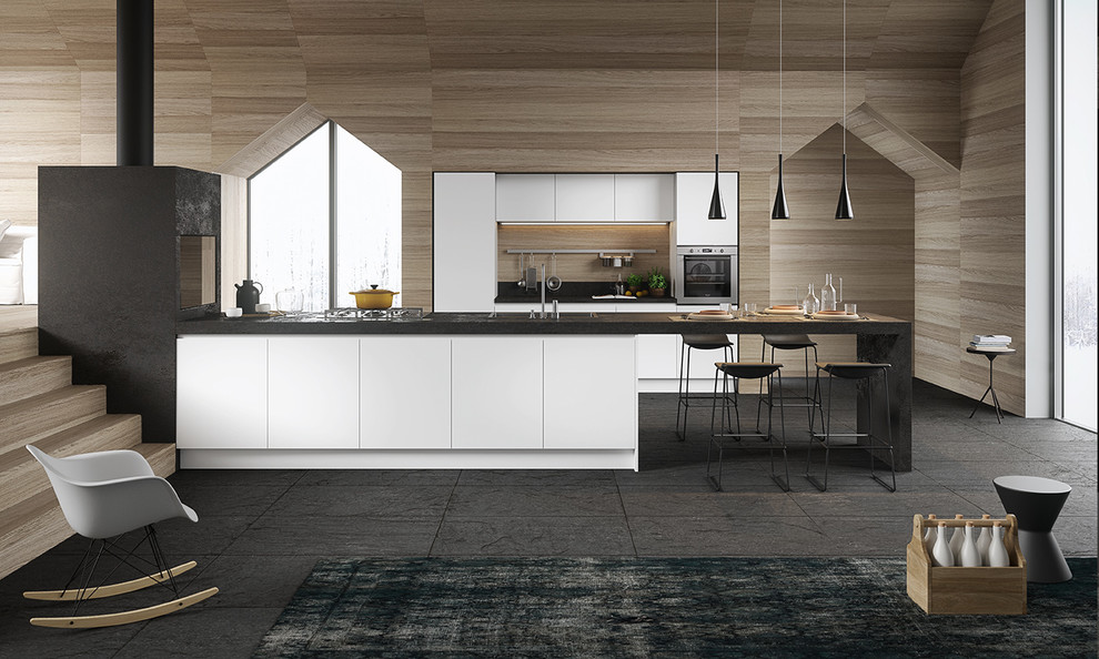 Modern white kitchen with textured counter - Minimalistisch - Küche ...