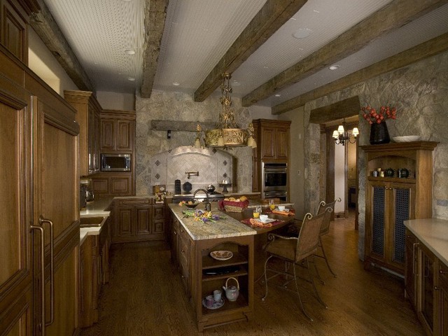 Natural Cherry Cabinet Kitchen with Stone and Rustic Timber Hood ...