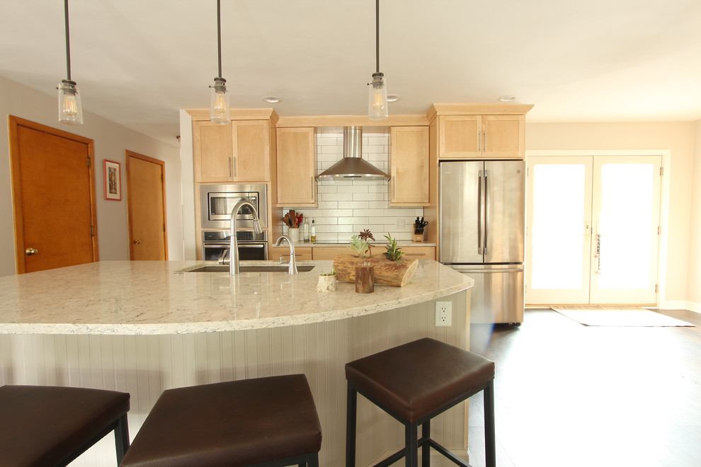 Natural Maple Cabinets in Open Kitchen with Quartz Countertops ...