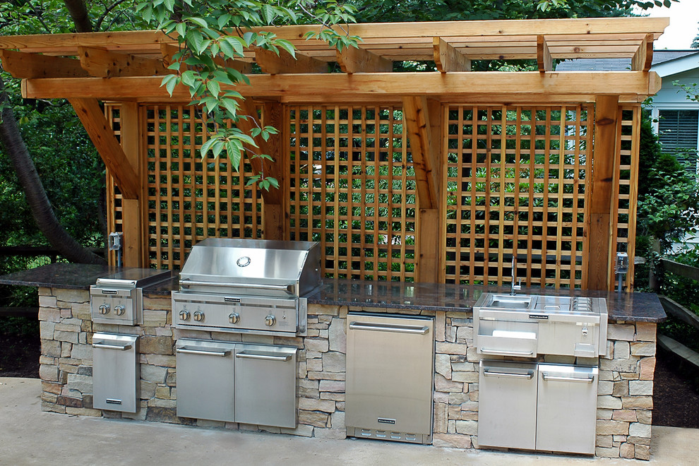 Natural Stone Dry-Stack Outdoor Kitchen with Pergola - Patio ...