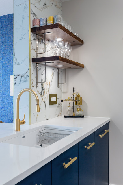 navy blue kitchen with walnut shelves - Contemporary - Kitchen ...