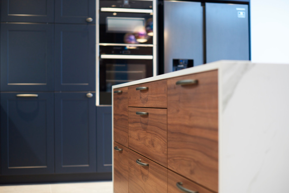 Navy blue lacquered and walnut accented Shaker style kitchen, Island ...