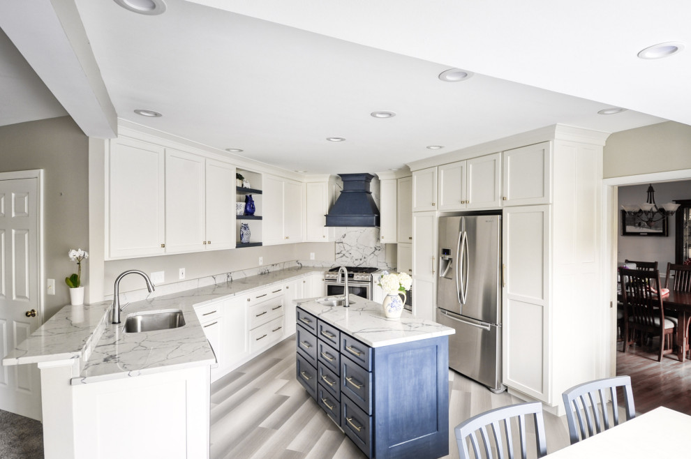 Navy Stained Island, Hood vent and Floating Shelves in White Shaker ...