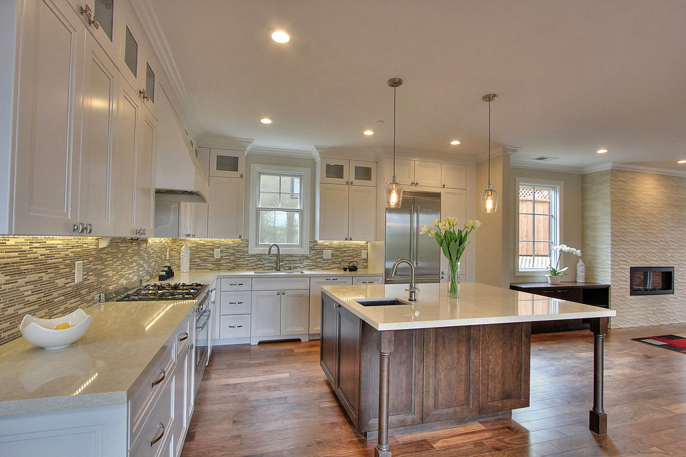 Omega Full Access white kitchen - cherry dark stain island, Cambria ...