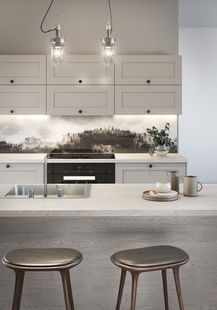 Omega Silvered Oak worktop and breakfast bar with Vista Splashback in ...
