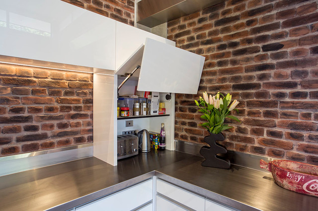 On bench appliance cupboard with top-hung bi-fold door - Industrial ...