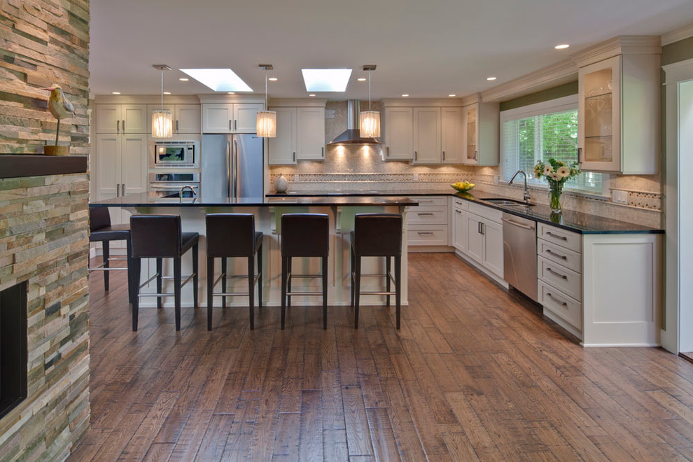 Open Concept Kitchen With Fireplace - Contemporary - Kitchen ...