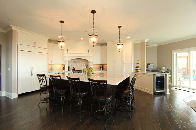Open Kitchen with Off White Cabinets and Seating for Six - Transitional ...