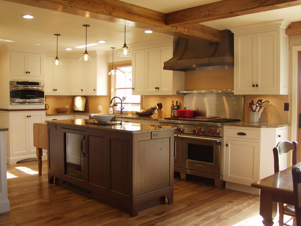 Painted Inset Kitchen with Rustic Wood Hood, Rustic Cherry Island ...