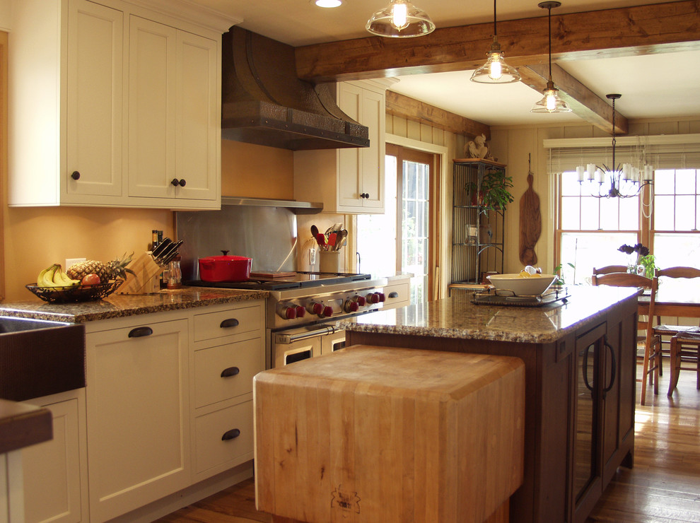 Painted Inset Kitchen with Rustic Wood Hood, Rustic Cherry Island ...
