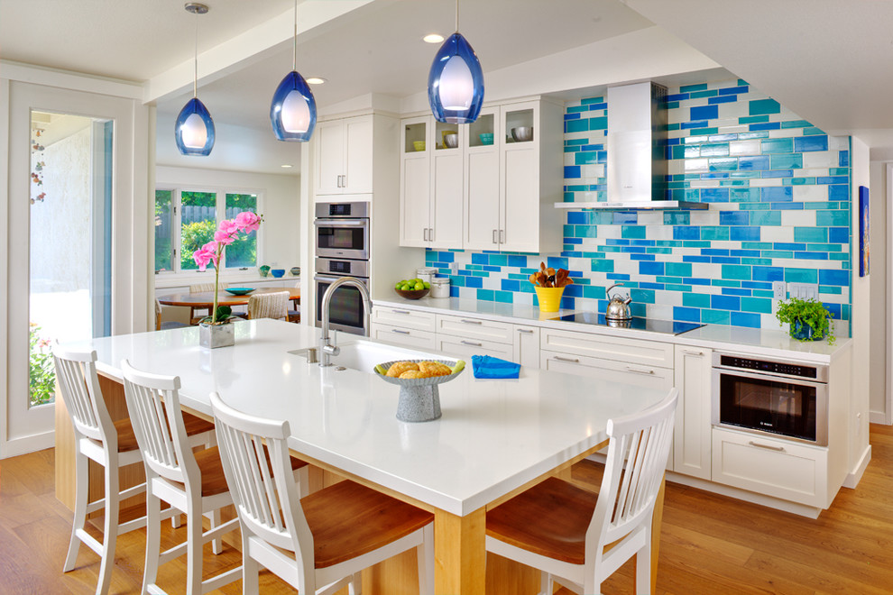 Quartz Island and Mixed Blues Tile Wall - Contemporary - Kitchen ...