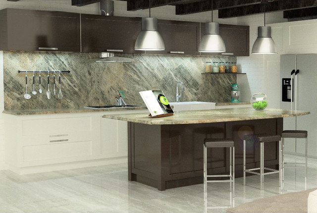 Quartzite Cielo Leather Finish - Kitchen Island and Backsplash ...