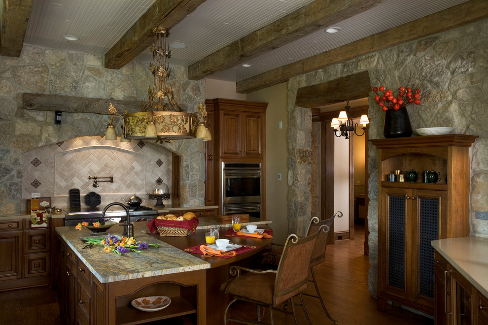 Reclaimed barn beam ceiling with natural stone walls and custom ...