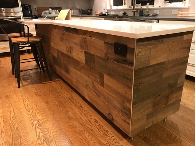 Barnwood Island White Kitchen With Reclaimed Barn Wood Island