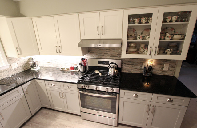 Refaced 2-tone kitchen, Base Cabinets - Harbor Mist; Wall Cabinets ...