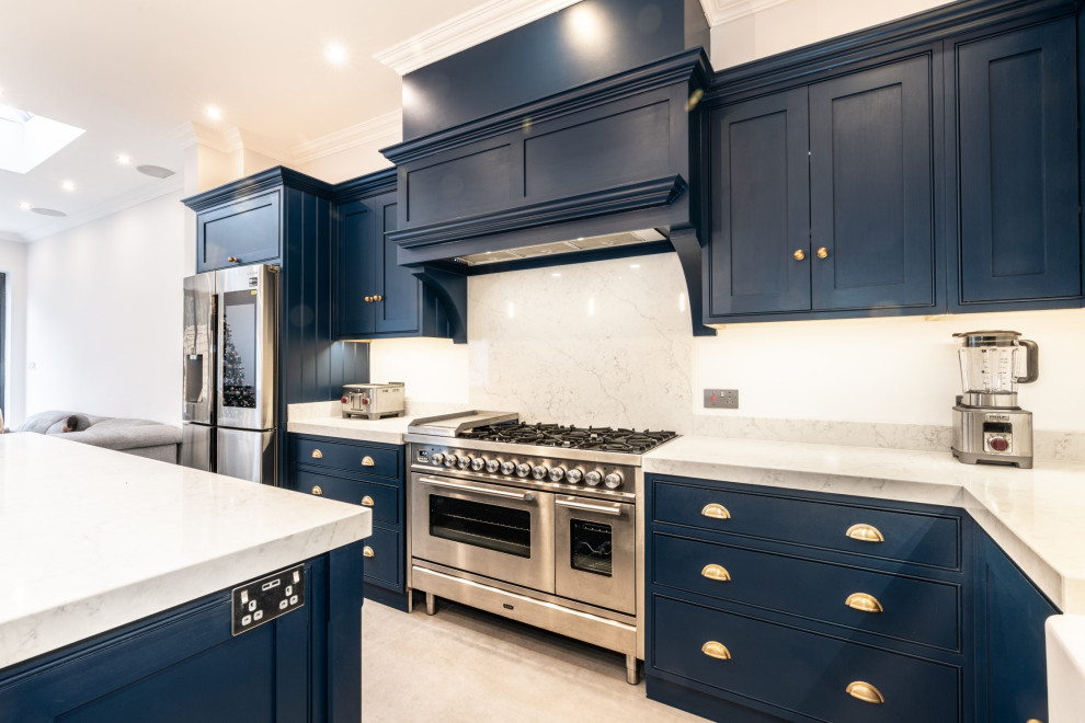 Royal Navy Blue Shaker Style Kitchen with integrated dining seating ...