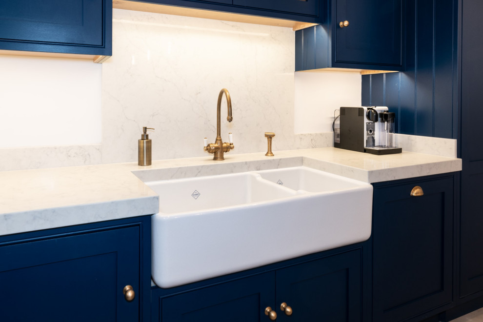 Royal Navy Blue Shaker Style Kitchen with integrated dining seating ...
