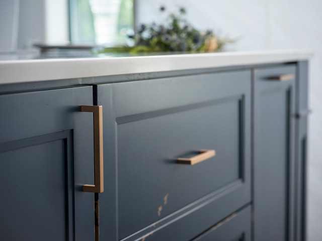 Rustic Blue Modern Farmhouse Kitchen Island Close Up - Country ...