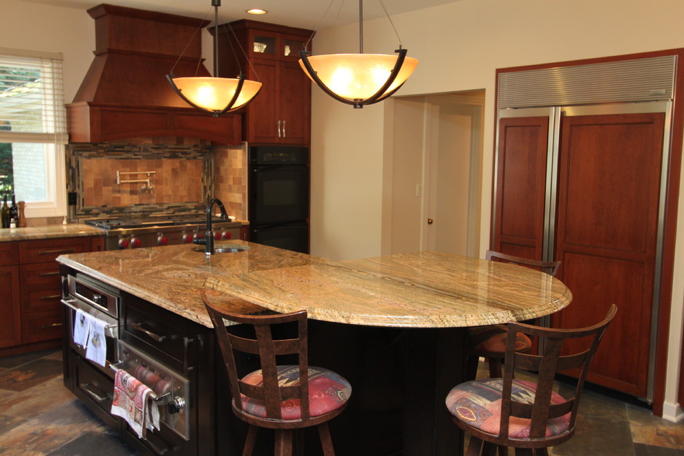 Rustic Craftsman Cherry Kitchen with Contrasting Espresso Island in Bel ...