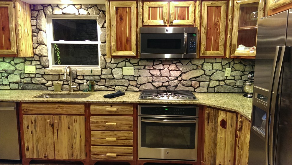 Rustic Red Cedar Kitchen with cultured Stone Backsplash - Rustic ...