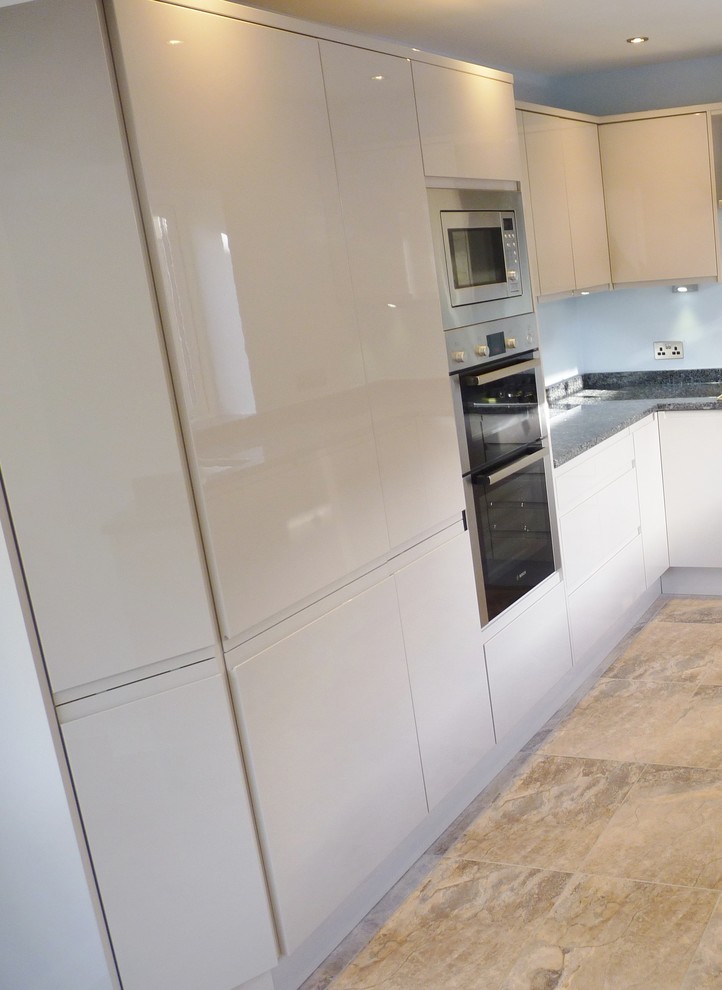 Second Nature Remo Cashmere gloss handleless kitchen blue pearl granite ...