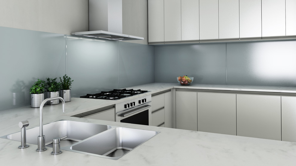Seratone Sneaky Mist splashback with Caesarstone London Grey benchtop ...