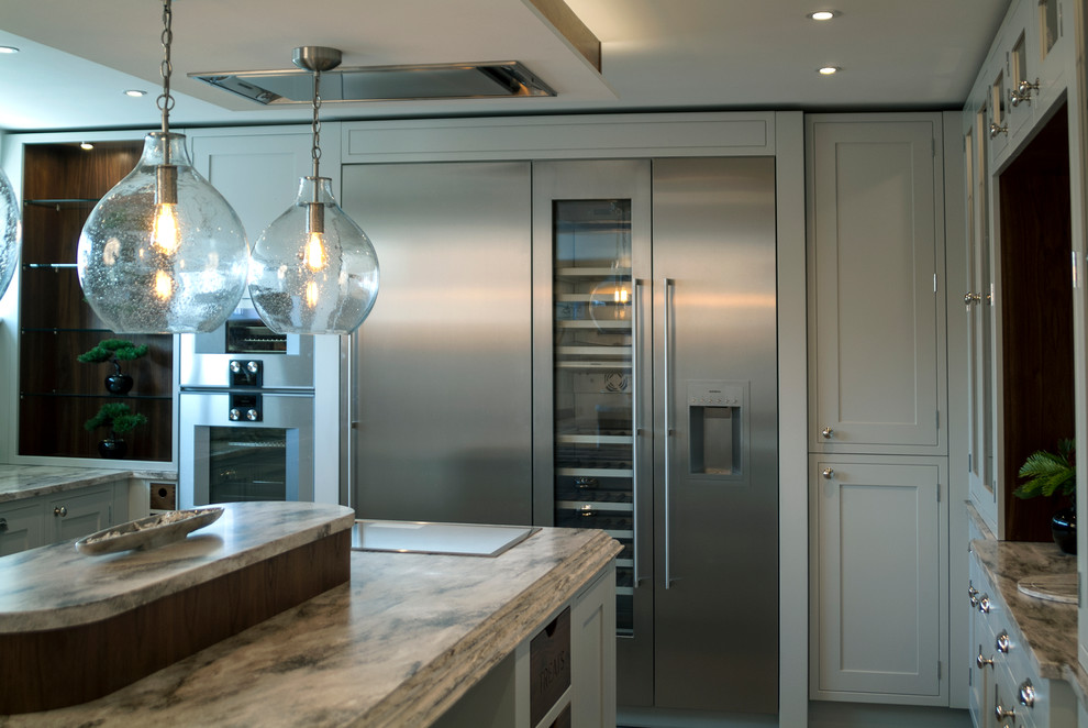 Soft grey kitchen featuring marbled granite worktops - Farmhouse ...