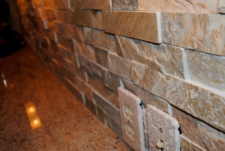 Stacked Stone Tile Backsplash and Millennium Cream Granite - Kitchen ...