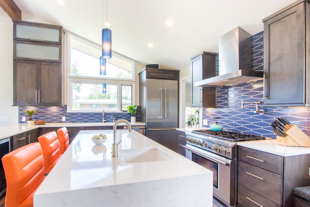 Statement Blue Wave Tile Backsplash - Midcentury - Kitchen - Denver ...