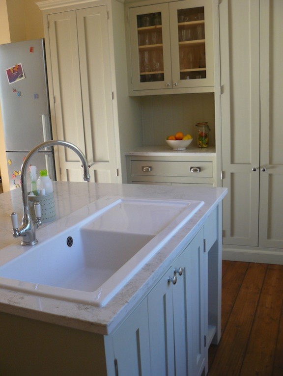 Stunning light grey traditional kitchen with open plan shelves and ...