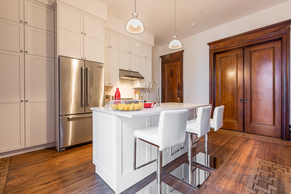 Tall Ceiling Urban Revival Kitchen with White Cabinets Double Uppers ...