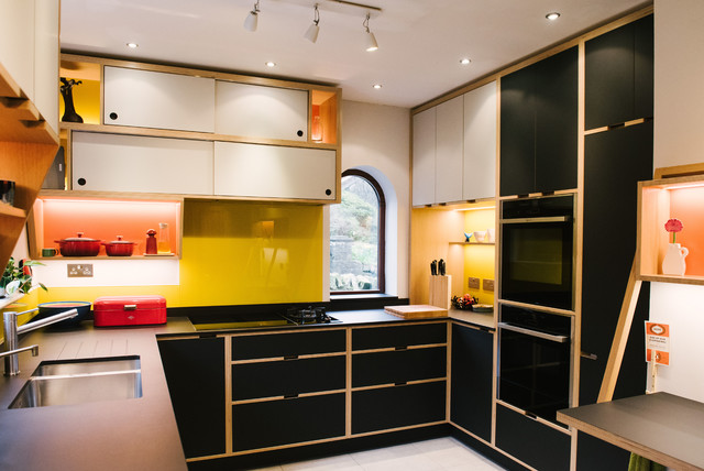 The Solomons: Black Plywood Kitchen with Yellow Splashback - Modern ...