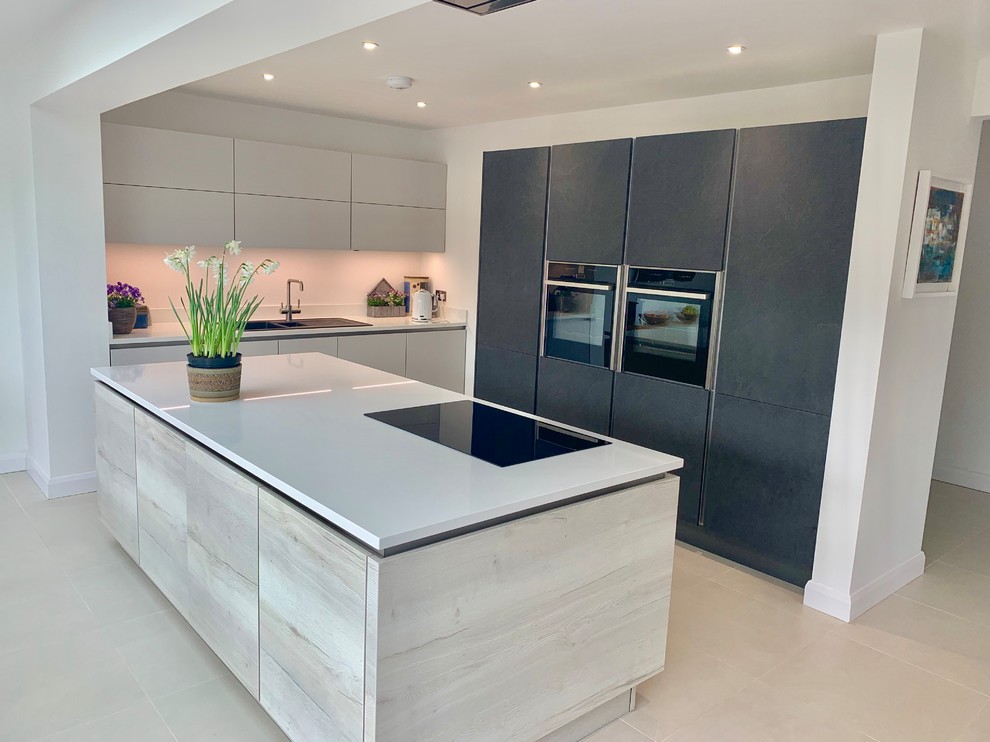 Three tone True Handle-less Kitchen with with Quartz worktops ...