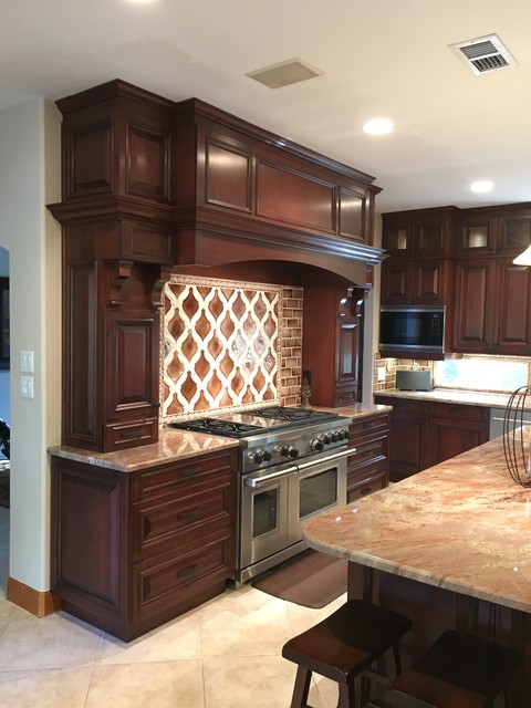 Traditional dark cherry kitchen remodel features a huge custom cherry ...