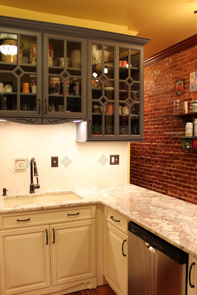 Traditional Galley Kitchen with Beige & Blue Cabinets and Mullion Glass ...