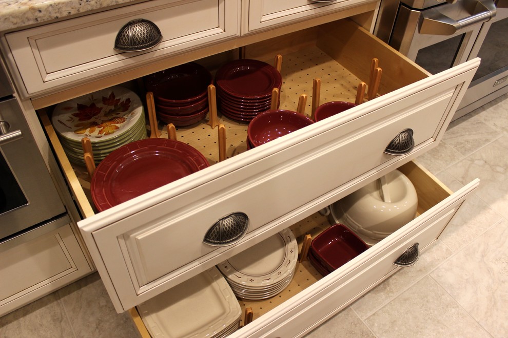 Traditional Mediterranean Off White Kitchen with custom wooden peg ...