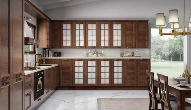 Traditional medium wood kitchen with tall storage - Traditional ...