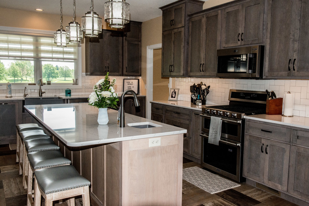 Transitional Kitchen in Grey with patterned floor - Transitional ...