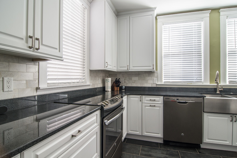 Transitional kitchen with apron front sink & bathroom with stained ...