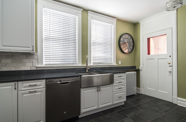 Transitional kitchen with apron front sink & bathroom with stained ...