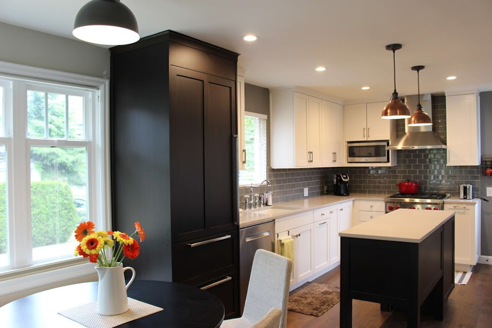 Transitional Kitchen with White Cabinets & Black Refrigerator and ...