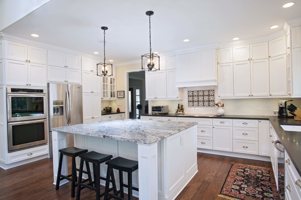 Transitional White Kitchen With Stacked Cabinets & Wood Hood ...