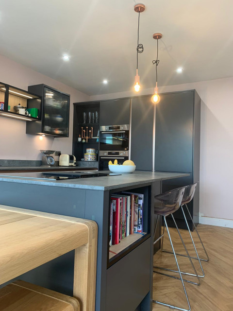 True Handleless Kitchen in Cashmere and Graphite with Concrete Worktops ...