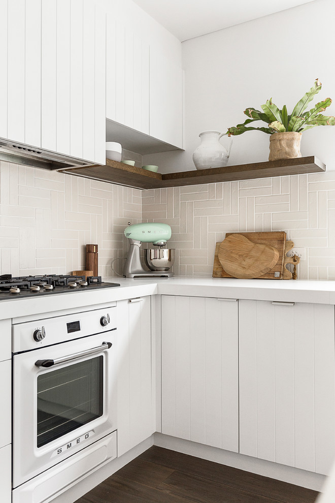 Coastal Kitchen with V-groove Cabinets and White Benchtops - Beach Style - Kitchen - Sydney - by ...