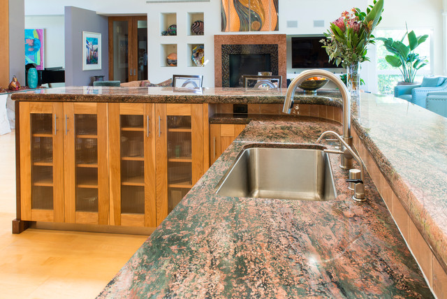 Verde Fire Granite Countertop on Large U-Shape Bar/Island ...