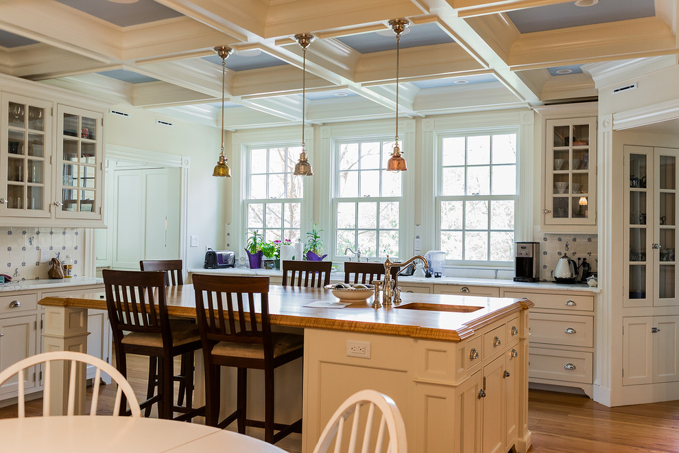 View of island with custom tiger maple top - Traditional - Kitchen ...
