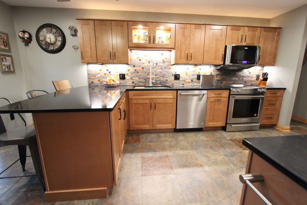 Waypoint Maple Spice Kitchen Cabinets w/ Fire & Ice Brick Mosaic ...