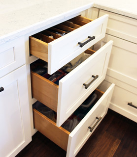 Waypoint Painted Linen Cabinets with Zodiaq Blue Carrara Quartz ...